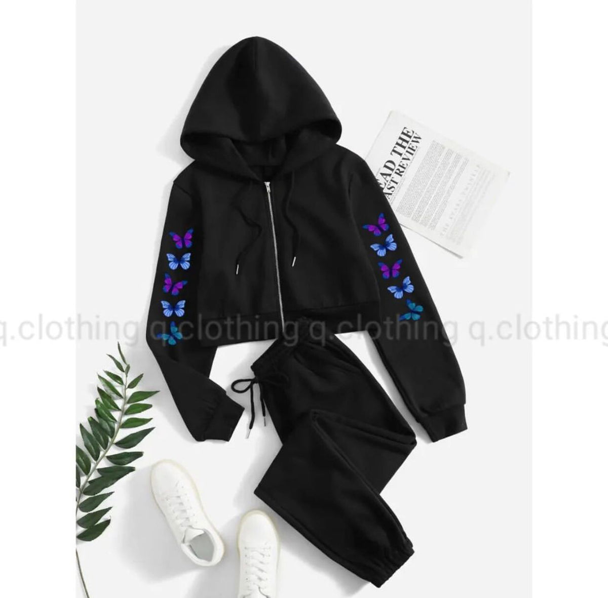 Blue Butterfly Sleeves Crop zip Black Tracksuit – Q. Clothing